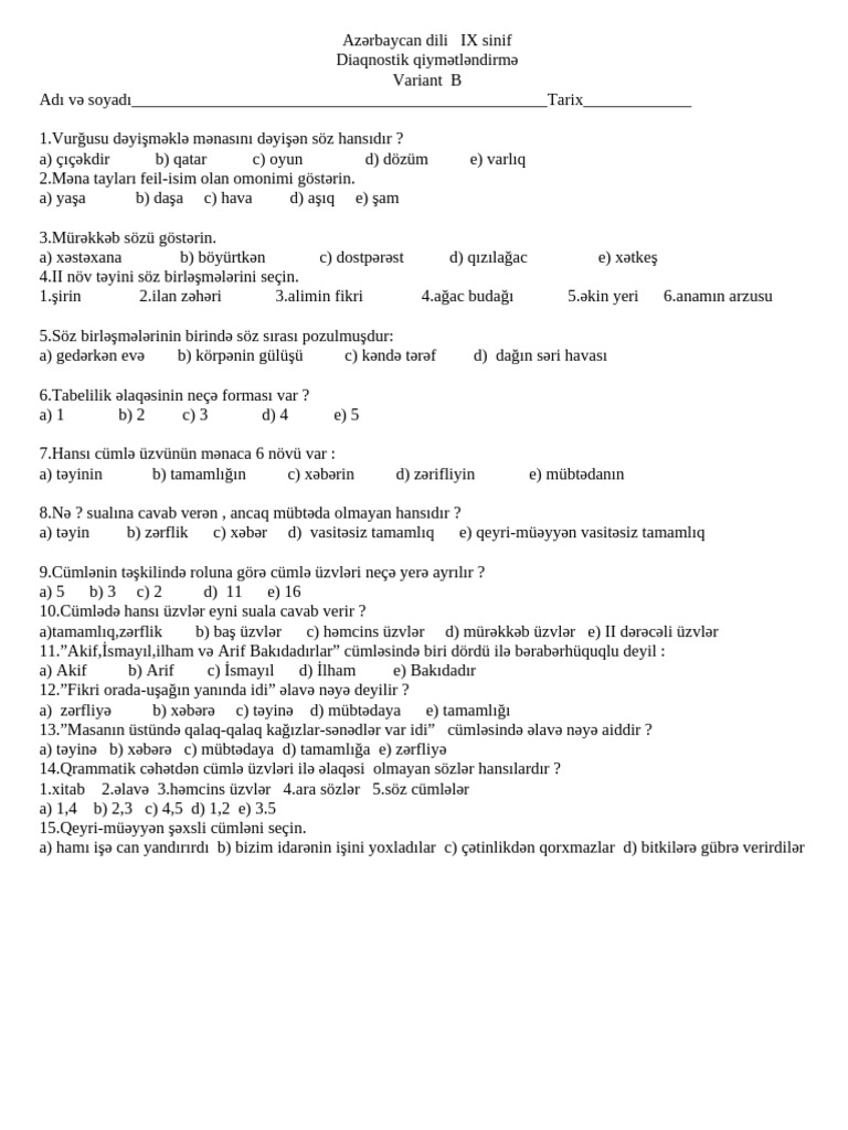 Azərbaycan dili-Diaqnostik-IX Sinif-B Variantı | PDF