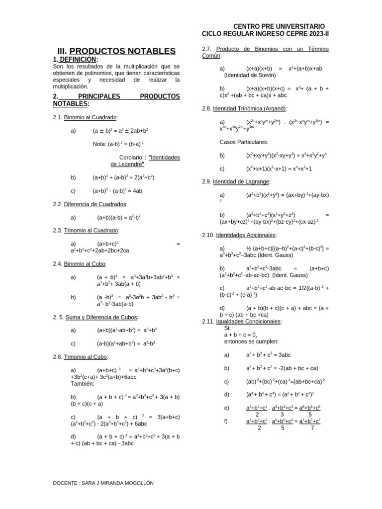Productos Notables en Matemáticas | PDF | Álgebra | Álgebra abstracta