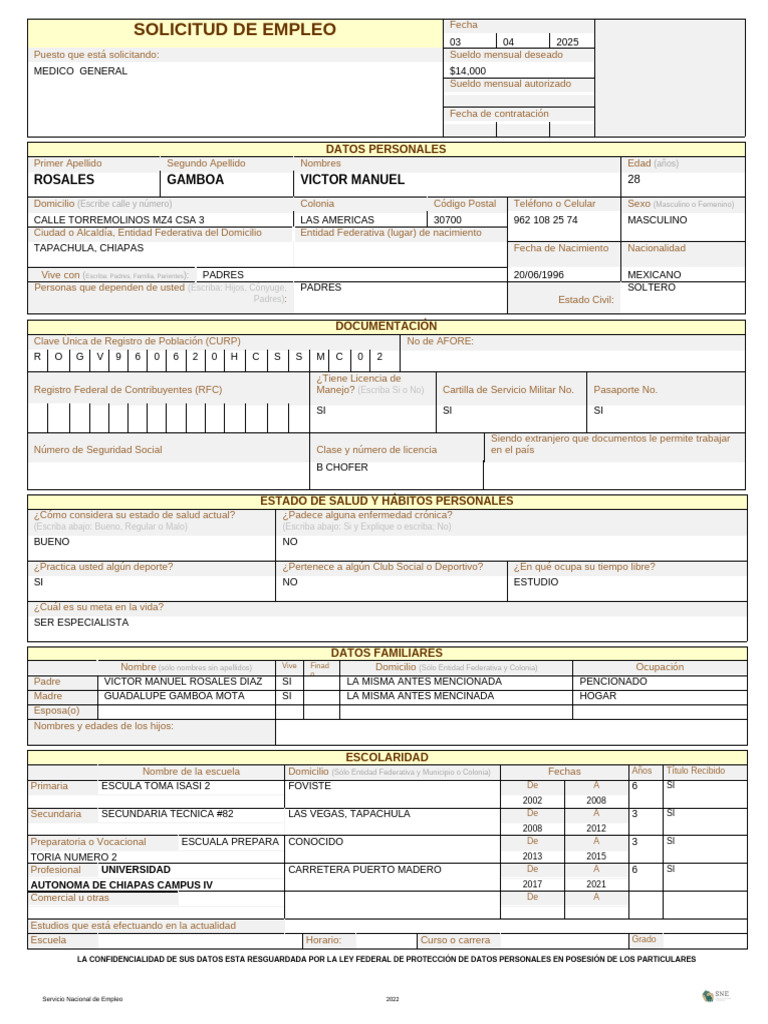 Sne Solicitud de Empleo Plantilla WD | PDF