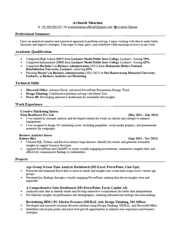 Avinash Sharma Resume PDF | PDF | Microsoft Excel | Analytics