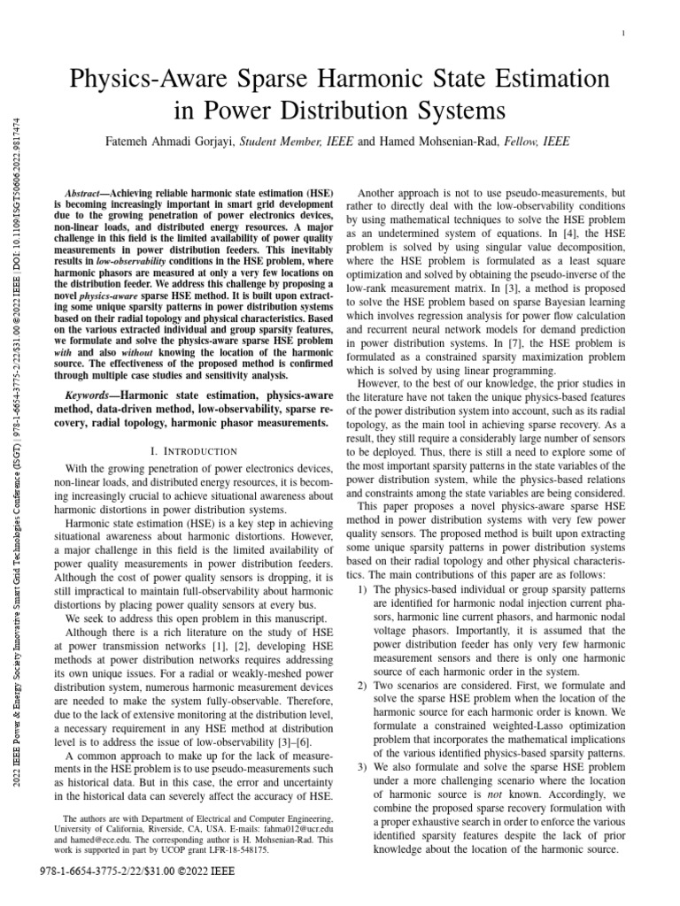 Physics-Aware Sparse Harmonic State Estimation in Power Distribution Systems 2022 | PDF | Matrix ...