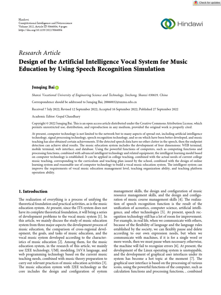 Computational Intelligence and Neuroscience - 2022 - Bai - Design of The Artificial Intelligence ...