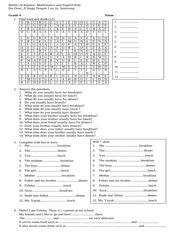 Grade 4 - Food and Drink | PDF | Lunch | Meal
