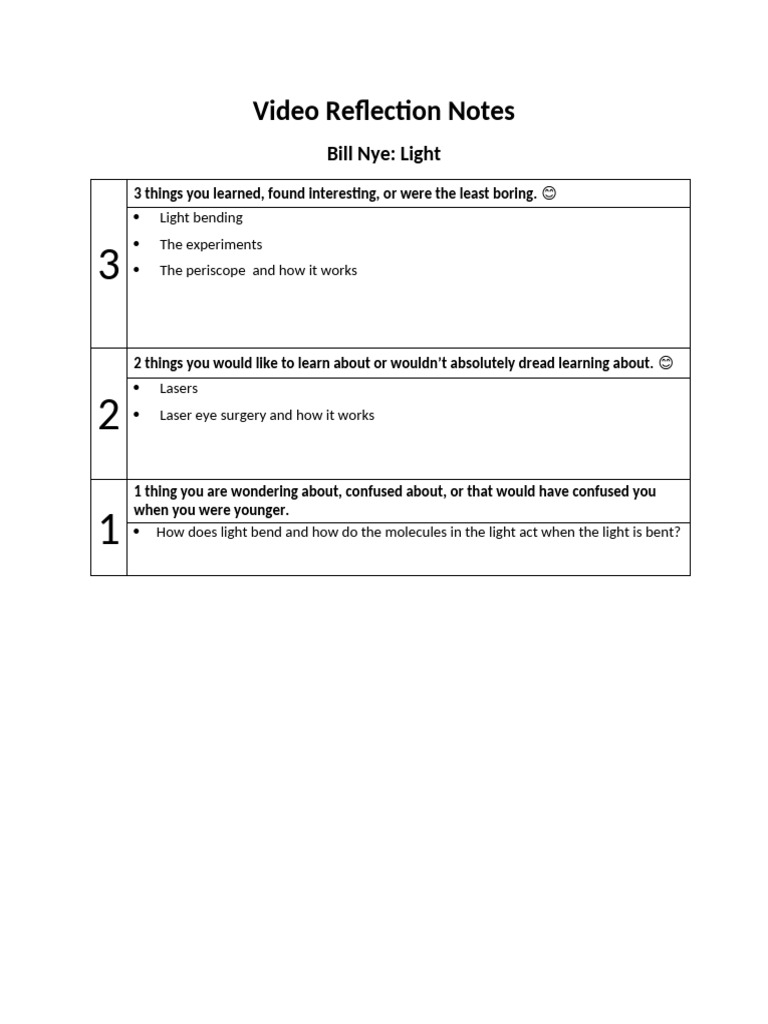3 2 1 Video Reflection - Bill Nye Light | PDF