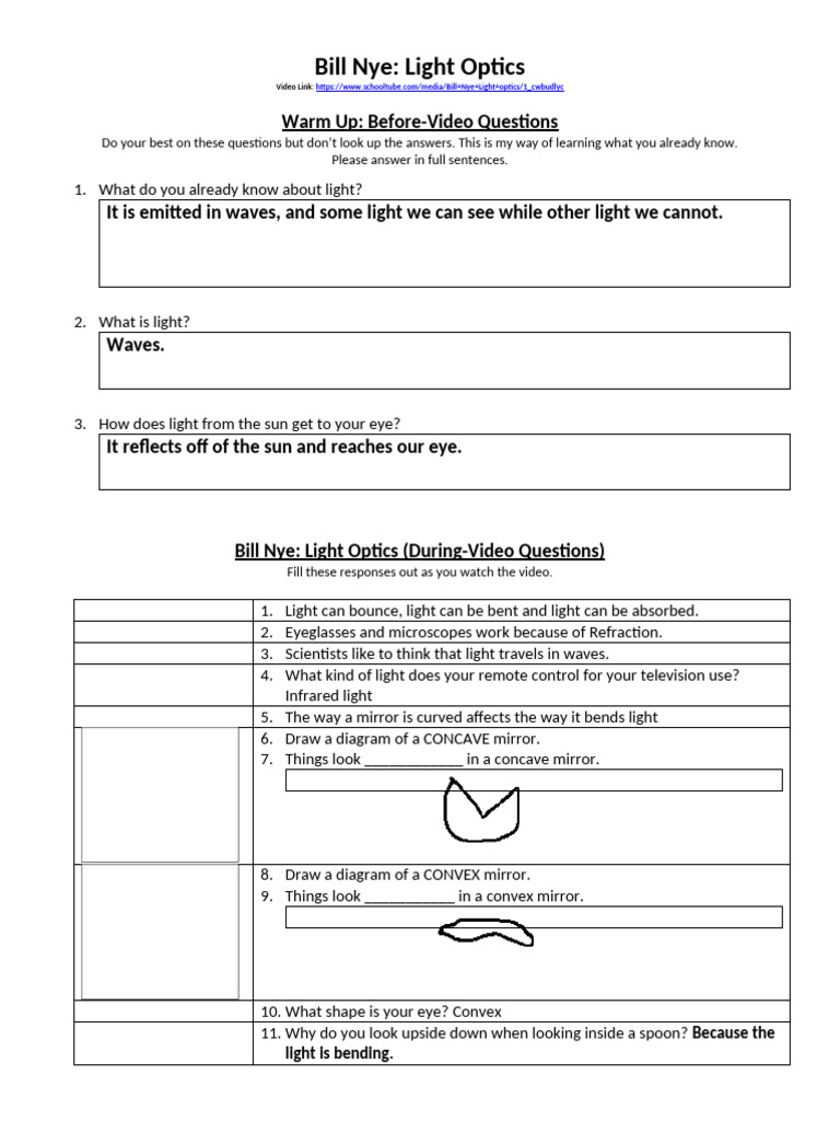 Bill Nye Light Optics - 20-21 Student Sheet | PDF | Mirror | Light