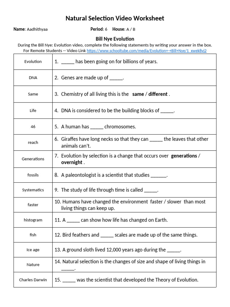 Bill Nye Natural Selection Worksheet | PDF | Evolution | Natural Selection