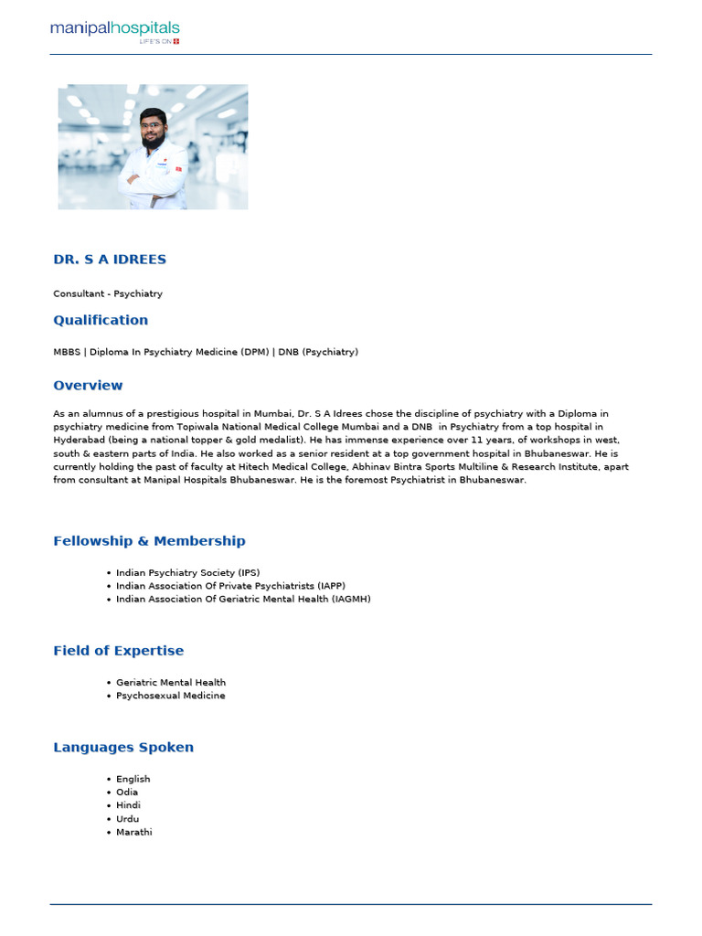 DR S A Idrees Psychiatrist | PDF