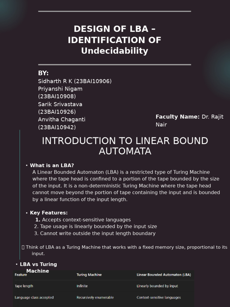 Design of LBA - Identification of Undecidability - PPTX g8 | PDF | Computational Complexity ...