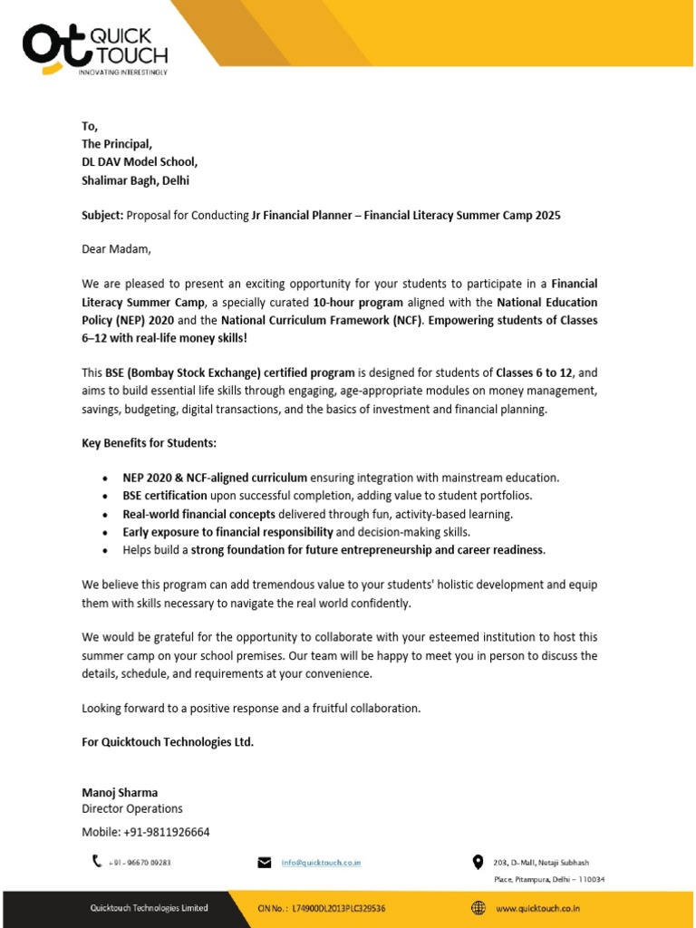 Summer Camp - Intro Letter - DL DAV SB | PDF | Financial Literacy | Taxes