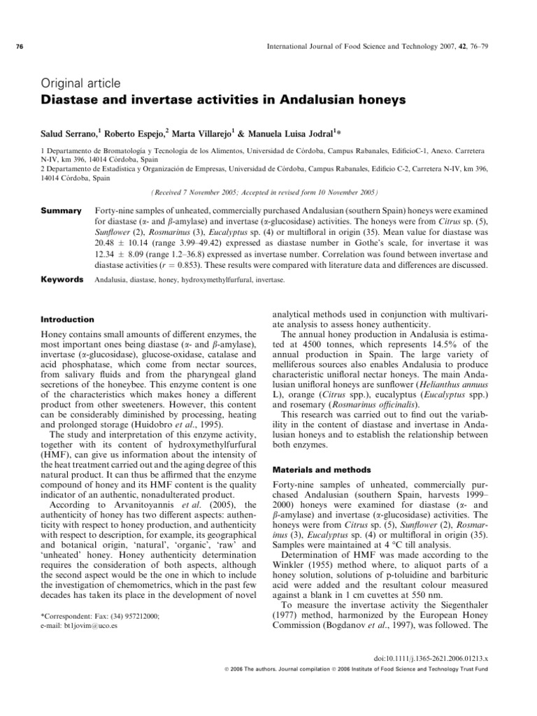 Diastase and Invertase Activities in and | PDF | Honey | Honey Bee