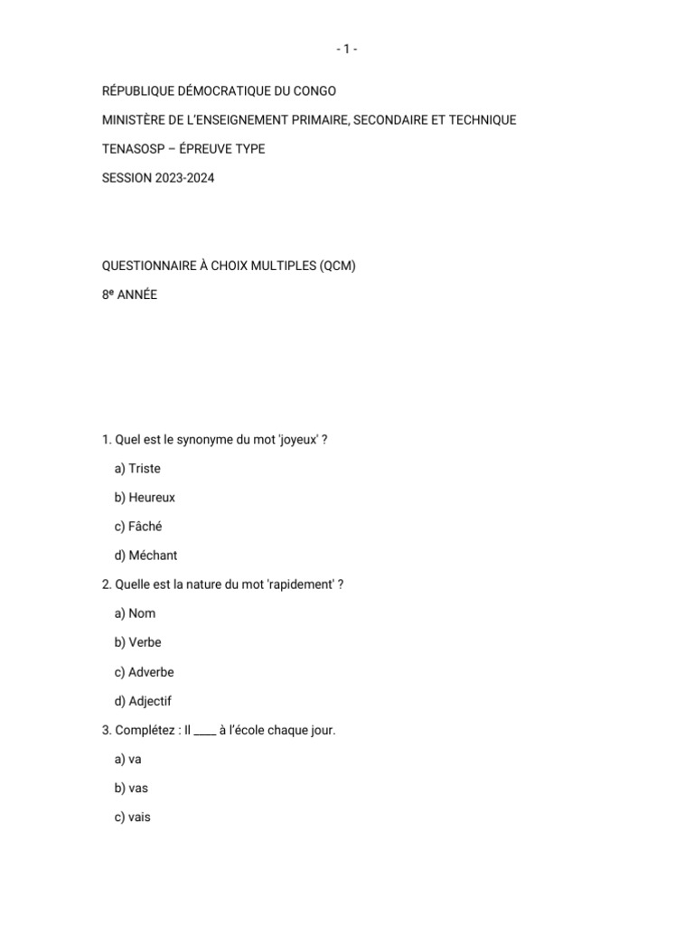 Questionnaire Tenasp 2024 QCM 8e Année | PDF | Soleil | Planètes