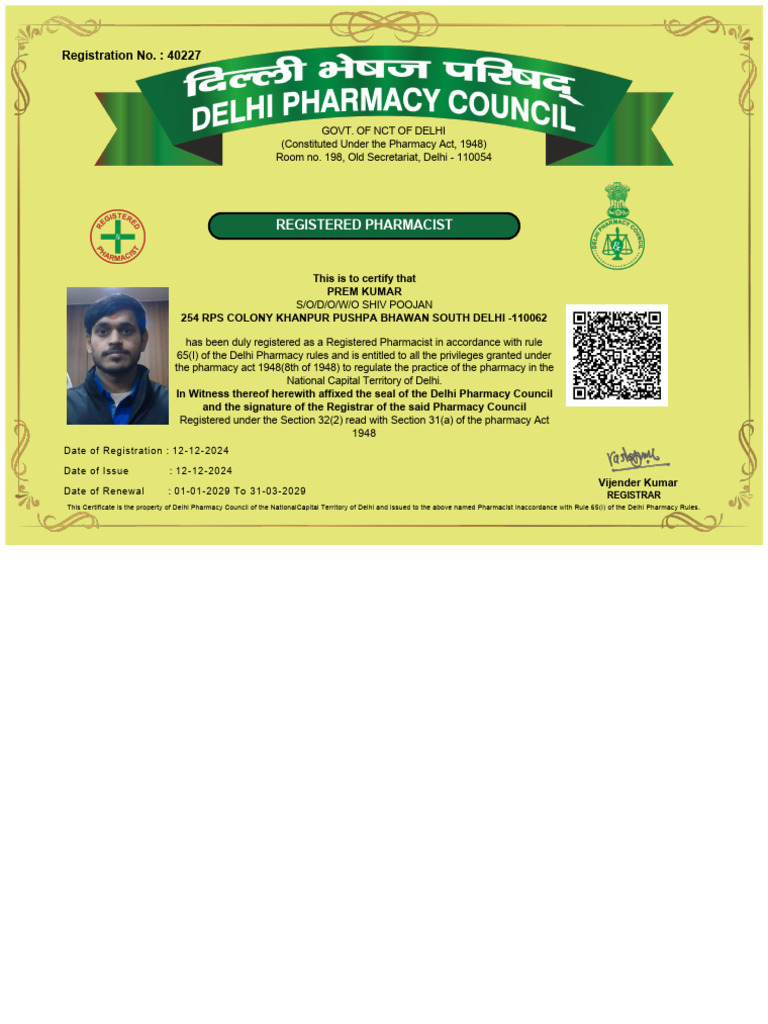 Prem Pharmacist Certificate | PDF