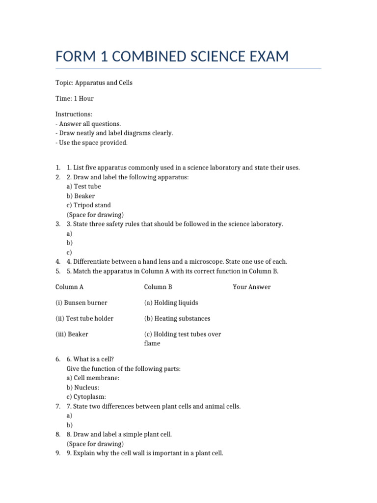 Form 1 Combined Science Exam Apparatus and Cells | PDF