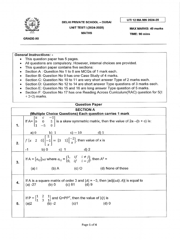 2024 - 25 Ut1 GR 12 Sub Maths | PDF