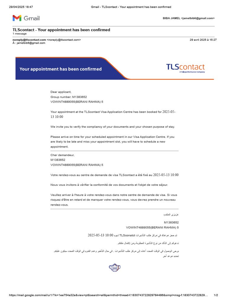 Gmail - TLScontact - Your Appointment Has Been Confirmed | PDF | Cyberspace | Internet