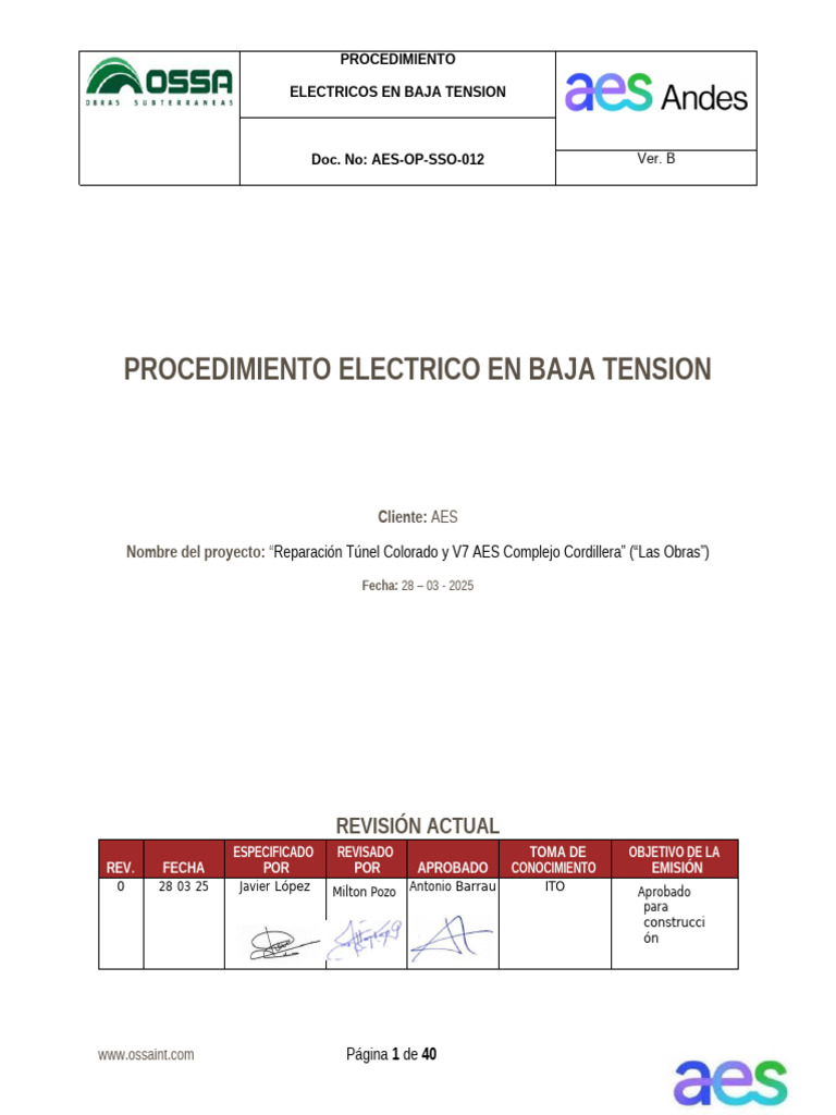 AES-PRO-ELE-012 PROCEDIMIENTO ELECTRICO EN BAJA TENSION Rev. 1.0 | PDF ...