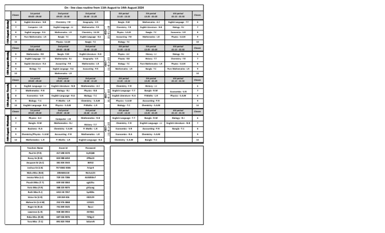 On - Line Class Routine For 11th To 14th August 2024 | PDF