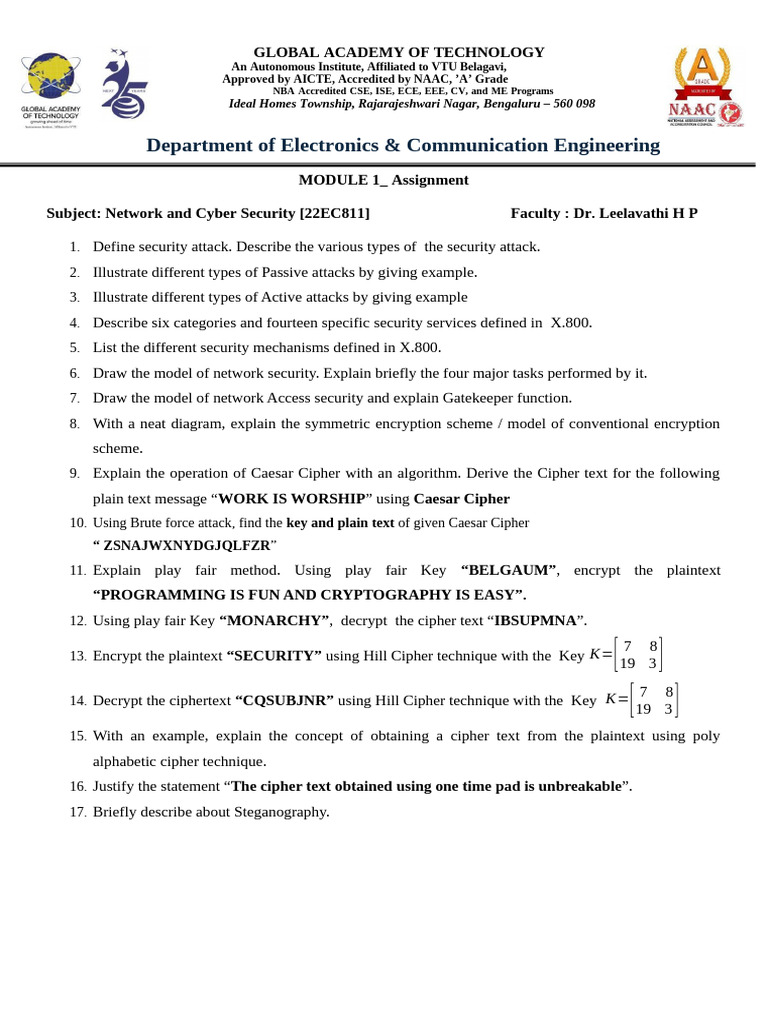 NCS - 21ece811 - Module 1 - Assignment | PDF | Cipher | Encryption
