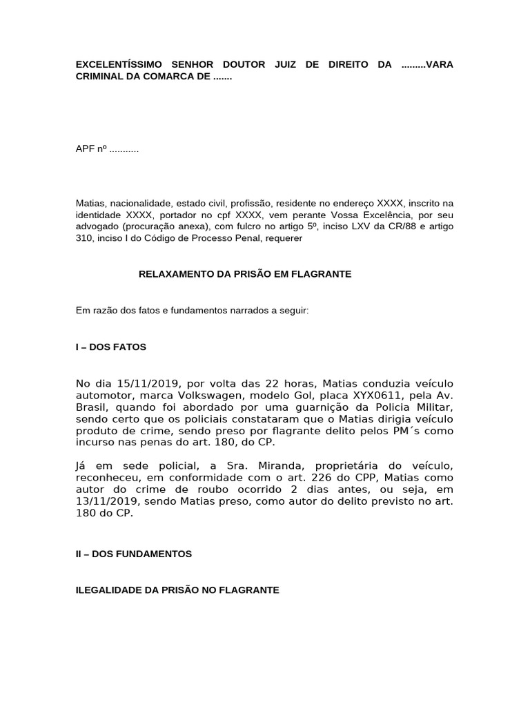 Modelo Pe A Relaxamento de Pris o em Flagrante | PDF | Crimes | Crime e Violência