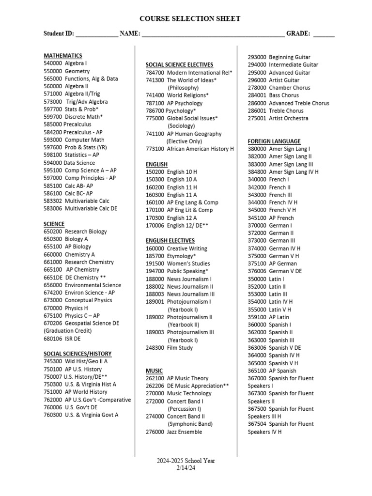 Course Selection Sheet 2024 _2025 Feb 14 2024 | PDF | Mathematics | Science