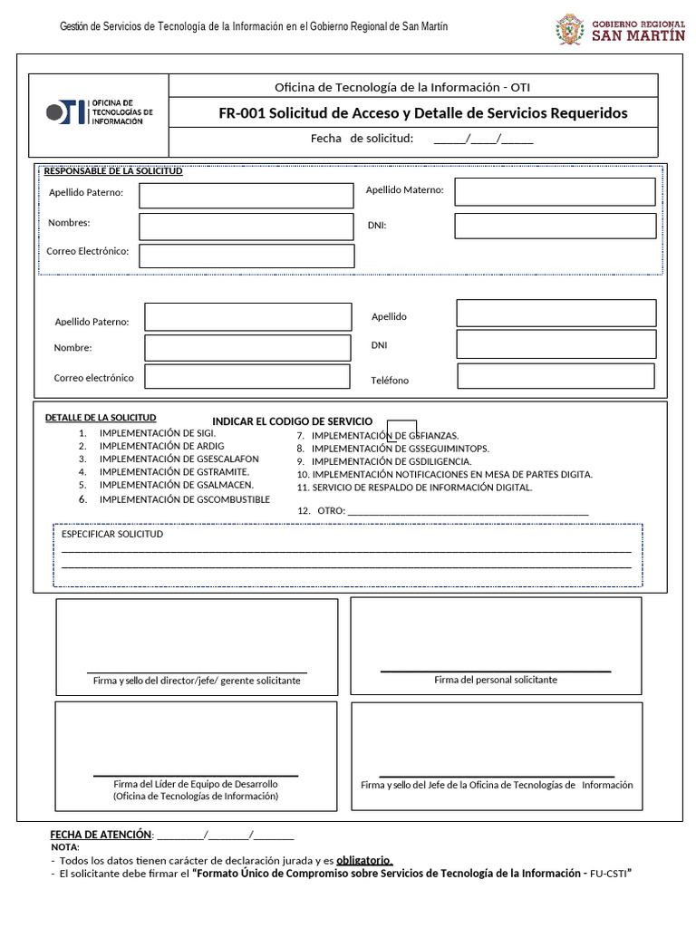 FR-001 Solicitud de Acceso y Detalle de Servicio | PDF