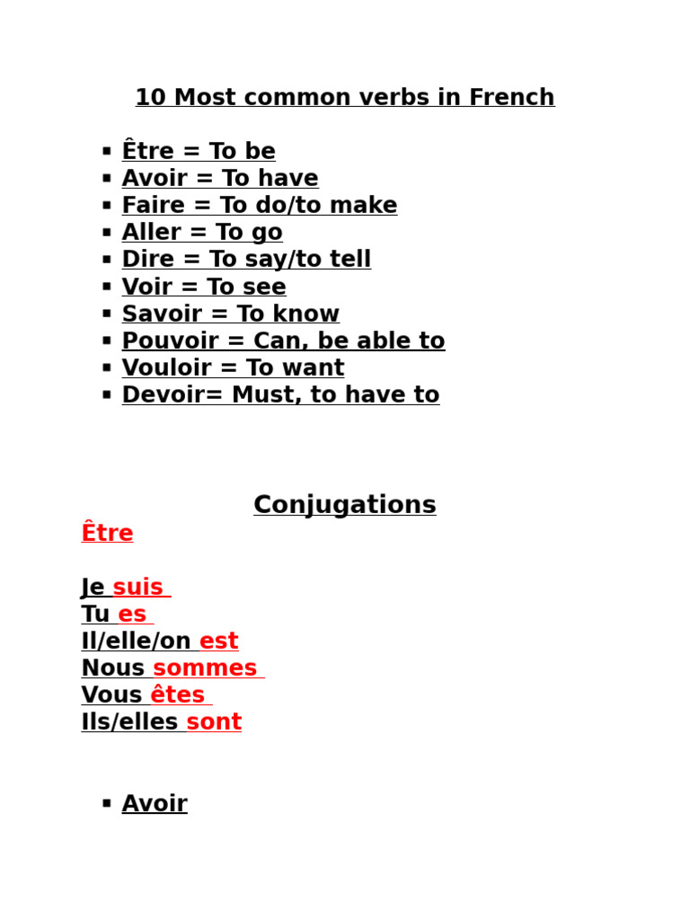 10 Most Common Verbs in French and Their Conjugations | PDF