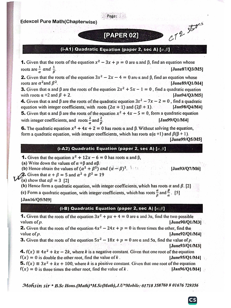 Class 9 Further Pure Mathematics CT 2 Syllabus | PDF