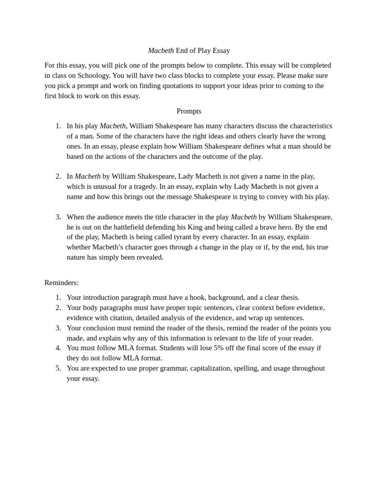 Macbeth End of Play Essay | PDF
