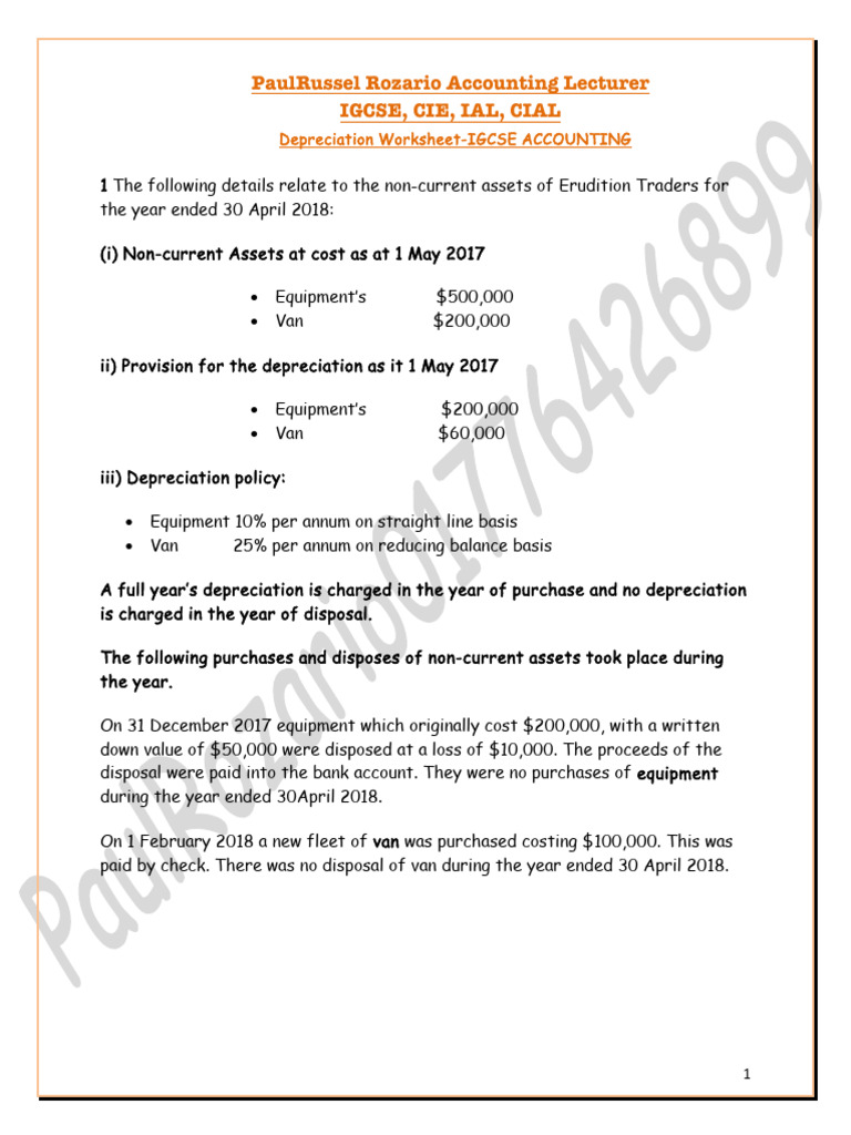 IGCSE-Depreciation Worksheet-Teachers | PDF | Depreciation | Investing