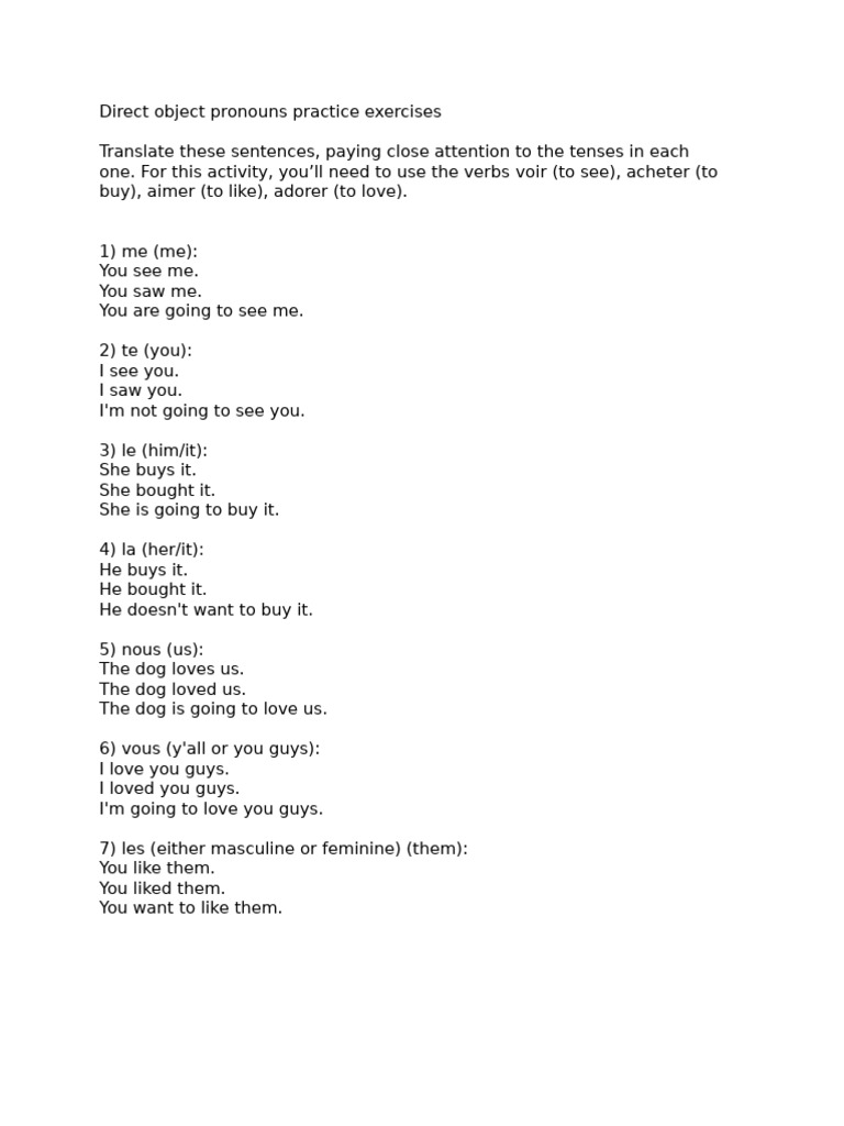 Direct Object Pronouns Practice Exercises | PDF