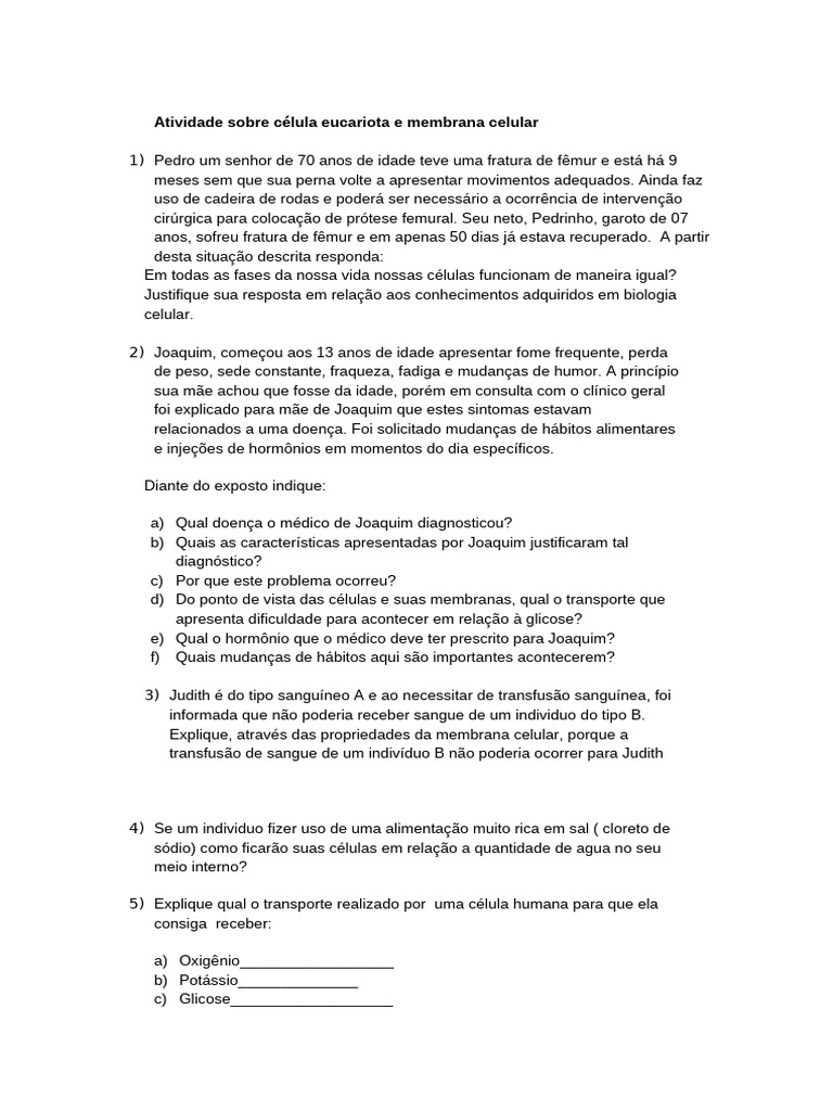 Atividade Sobre C?lula Eucariota e Membrana Celular 2 | PDF