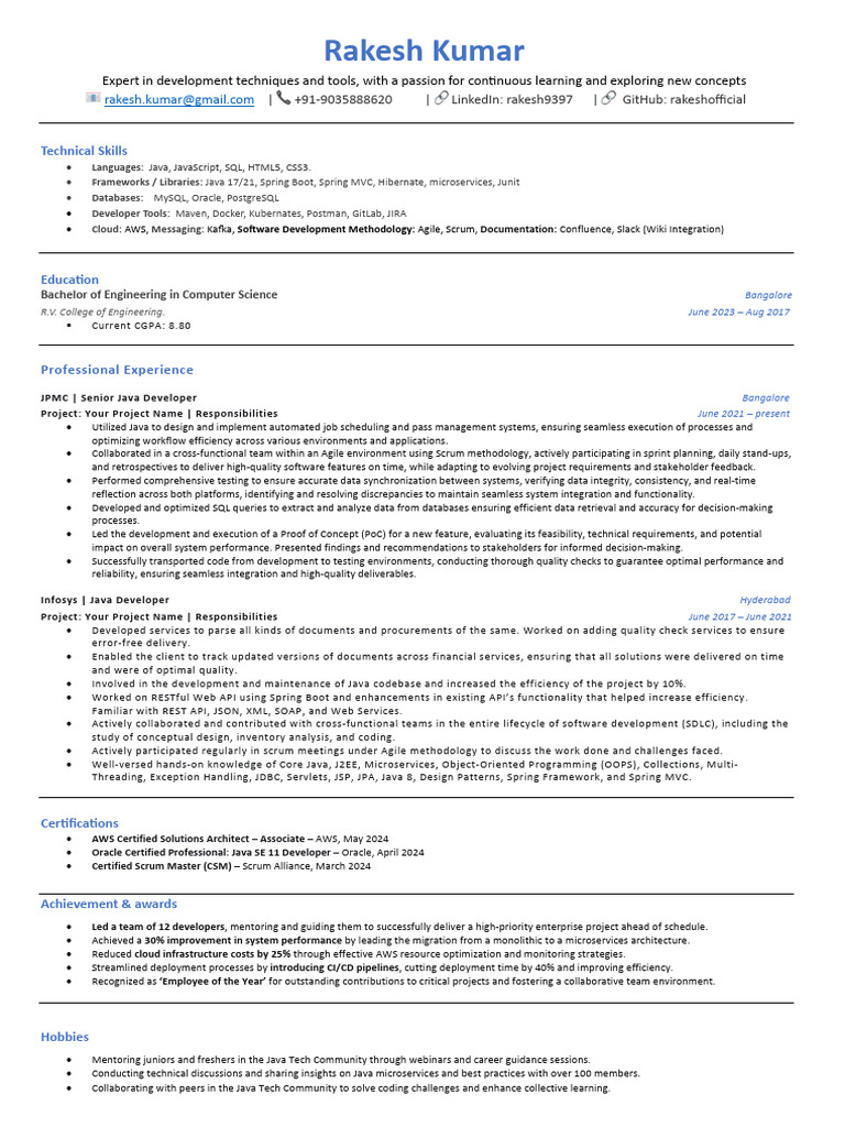 Rakesh Kumar Experienced Java Resume 2025 | PDF | Software Development Process | Software ...