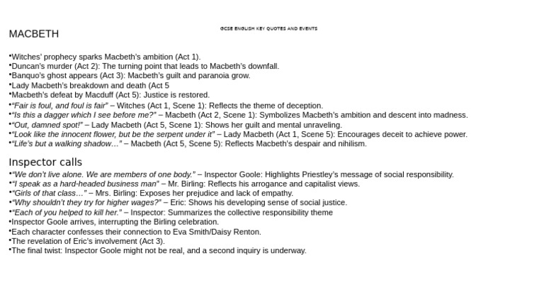 Gcse English Key Quotes and Events | PDF