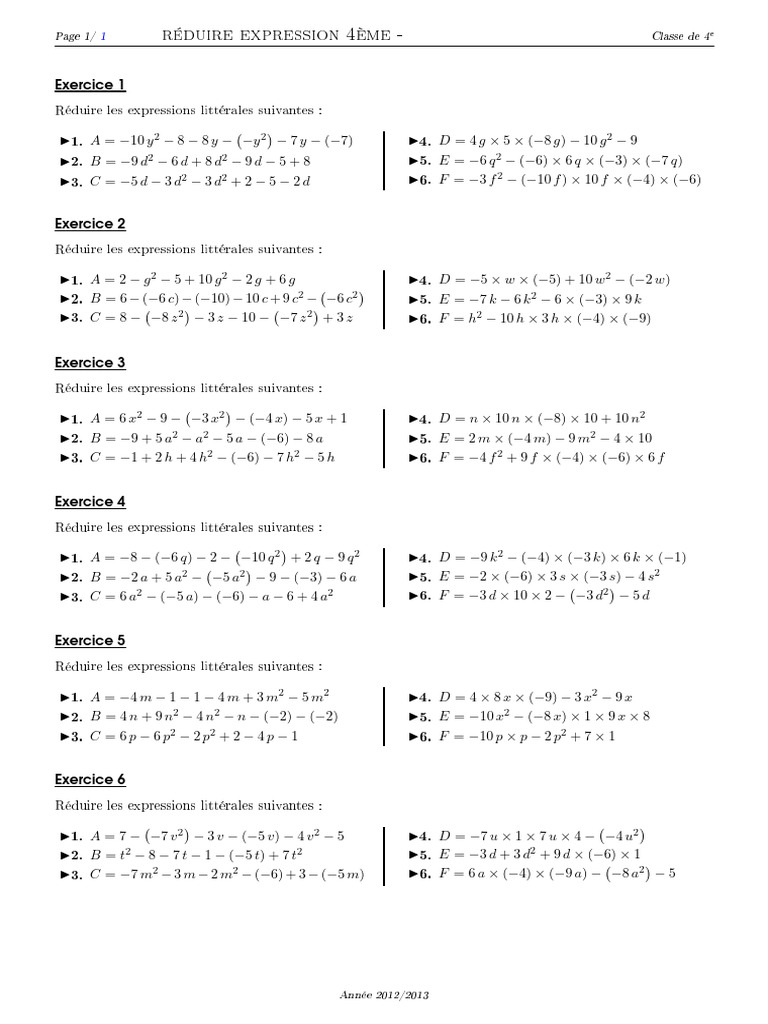 Exercices Calcul Litteral - 2college 5 | PDF