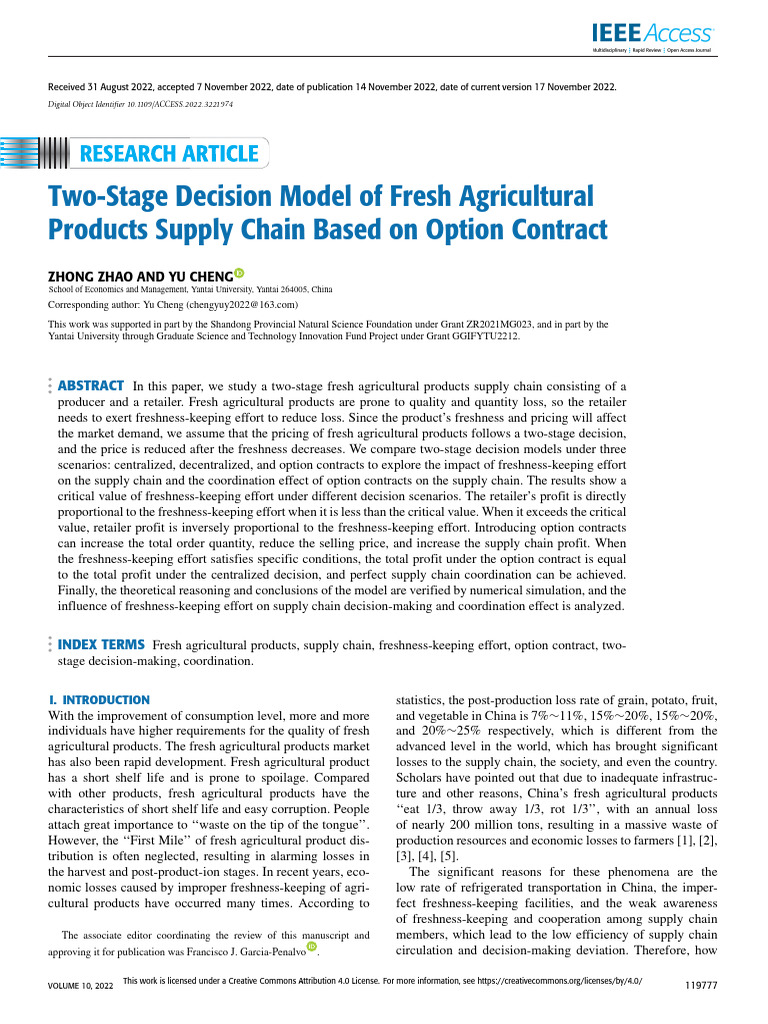 Two-Stage Decision Model of Fresh Agricultural Products Supply Chain ...