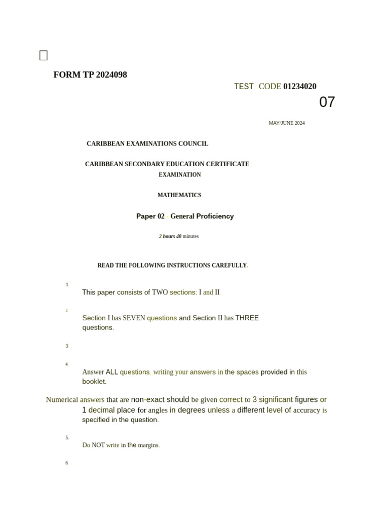 CSEC 2024 Mathematics Exam Paper 02 | PDF | Circle | Area