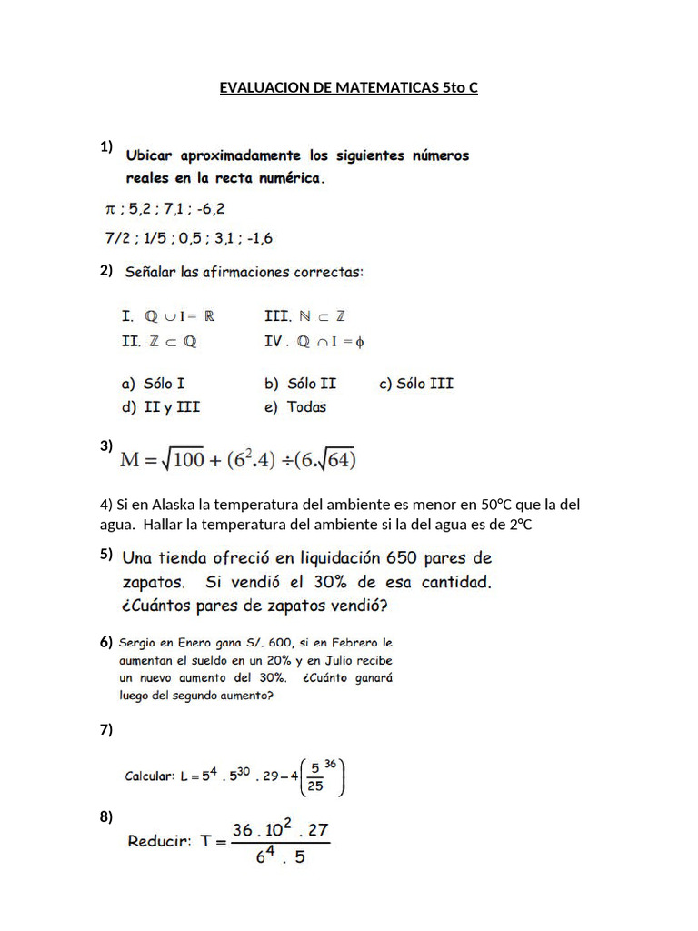 EVALUACION DE MATEMATICAS 5to C | PDF