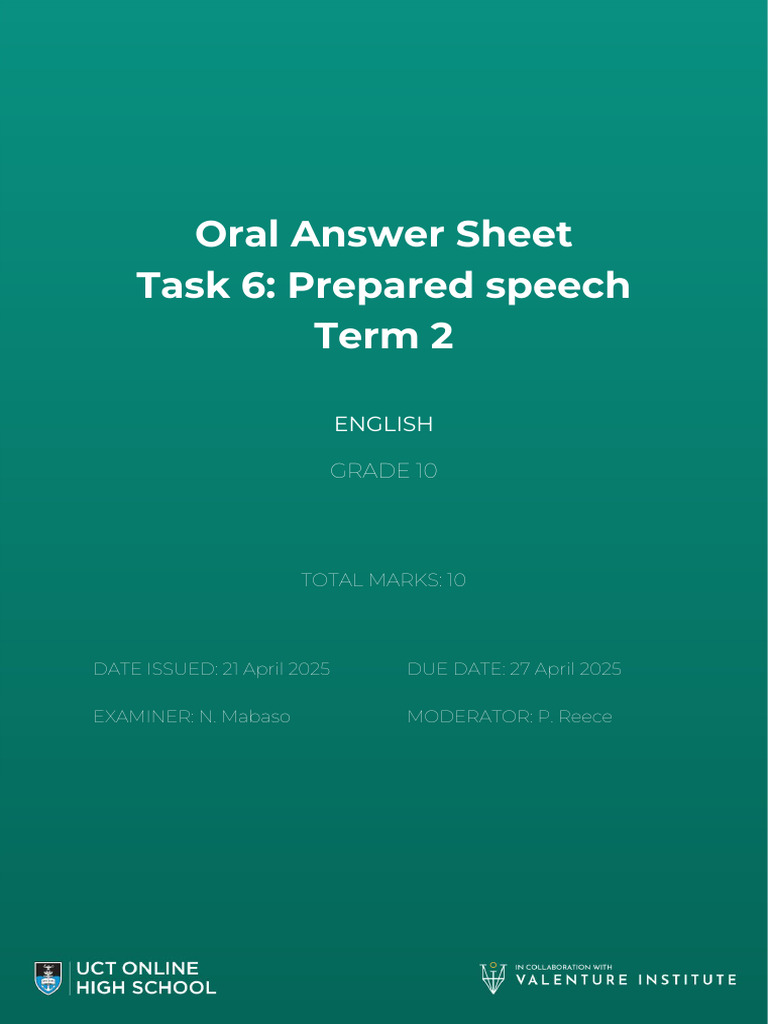 G10 English Term 2 M11 Task6 Prepared Speech Video Submission Oral Answer Sheet | PDF ...