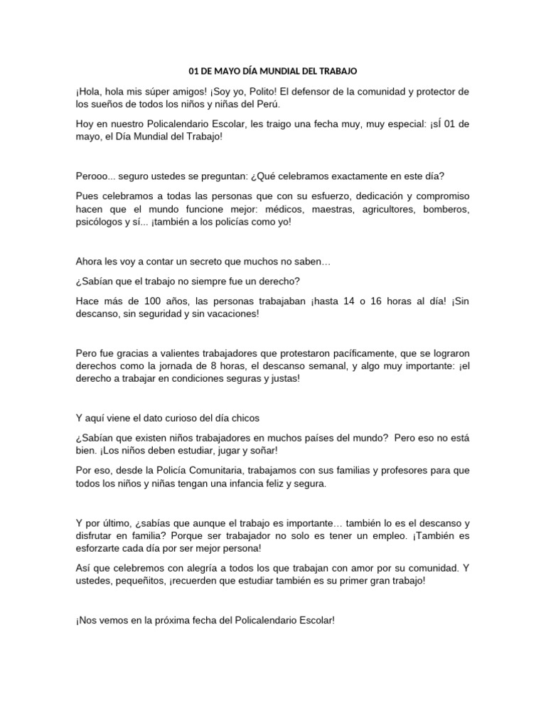 01 de Mayo Día Mundial Del Trabajo | PDF