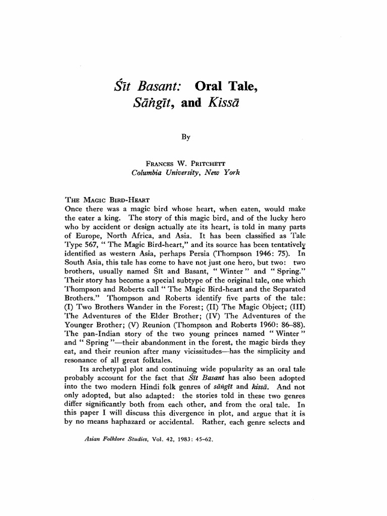 Sit Basant: Magic Bird in South Asian Folklore | PDF | Folklore | Genre