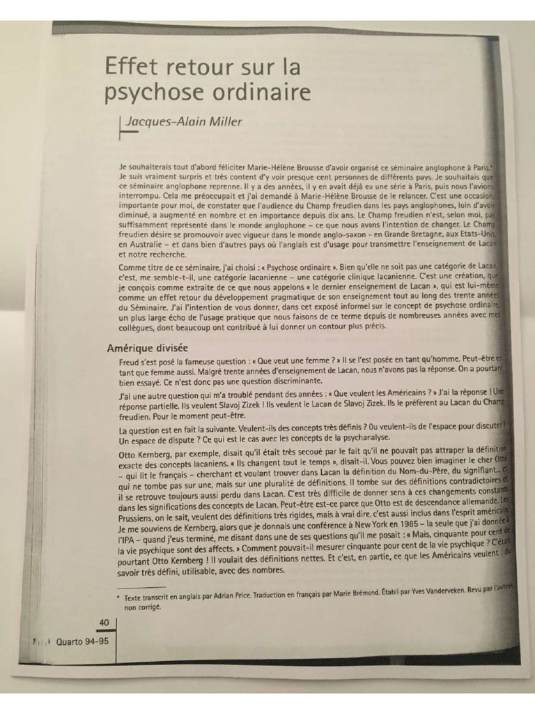 Miller - Effet Retour Sur La Psychose Ordinaire 2 - Copie | PDF