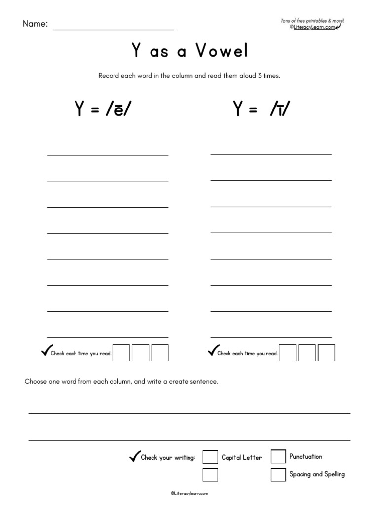 Y as a Vowel Activities and Worksheets | PDF