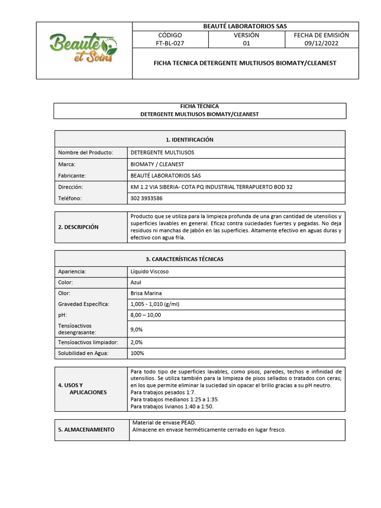 FT-BL-027 Ficha Tecnica Detergente Multiusos Biomaty-Cleanest | PDF | Detergente | Productos de ...