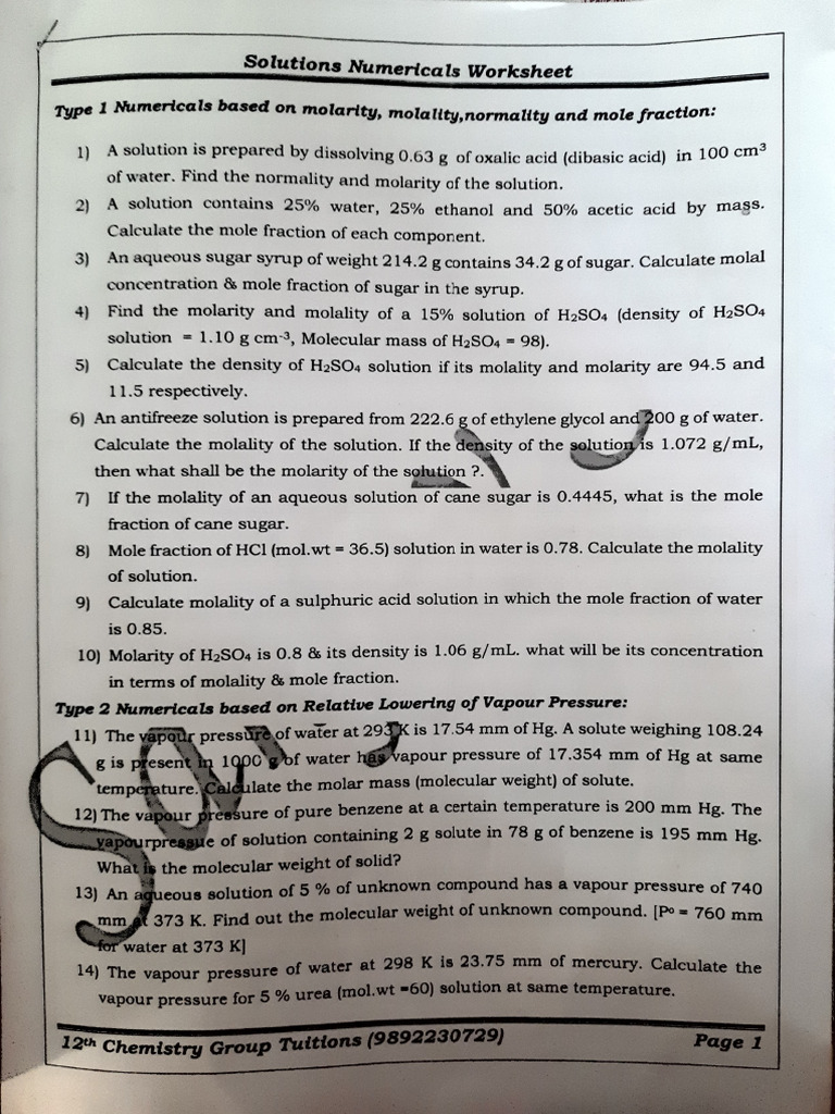 Solutions Numerical Worksheet | PDF