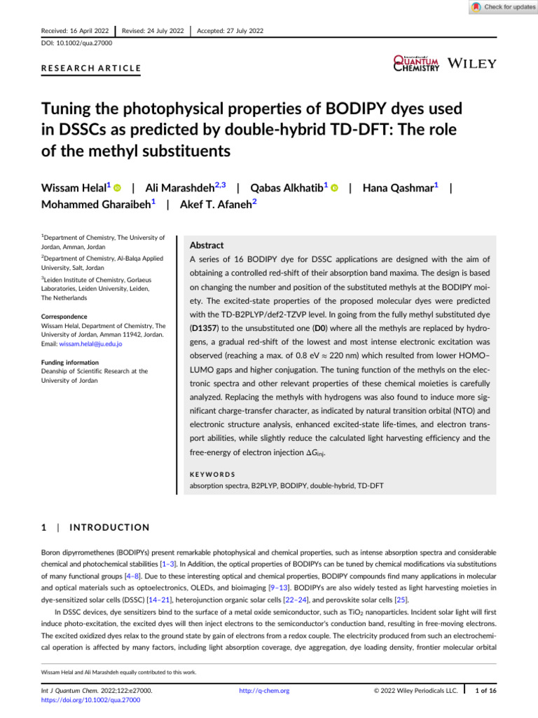Int J of Quantum Chemistry - 2022 - Helal - Tuning The Photophysical Properties of BODIPY Dyes ...