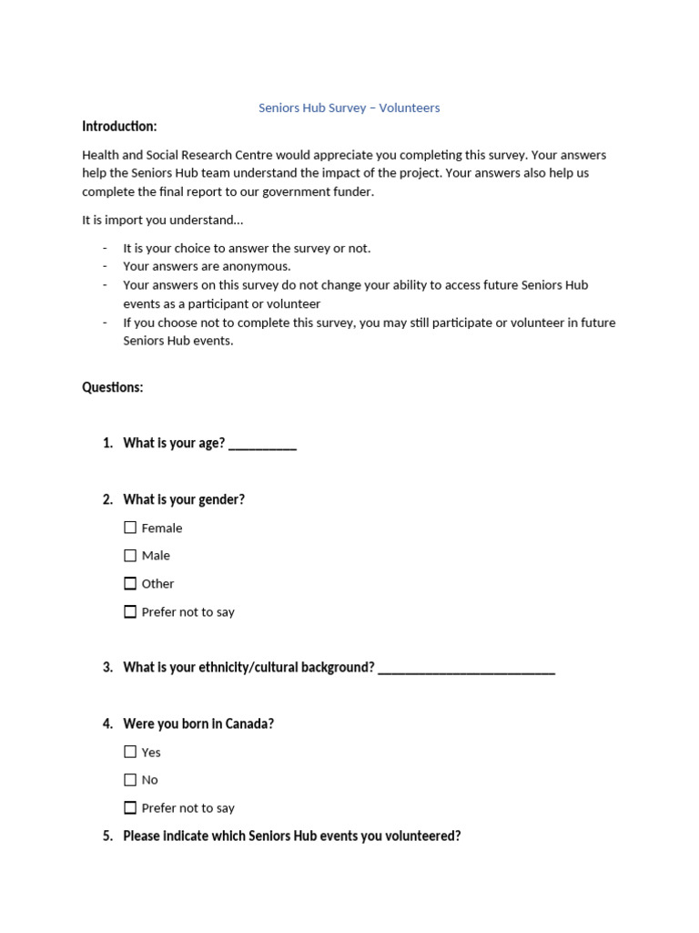 Seniors Hub Survey - Volunteers | PDF