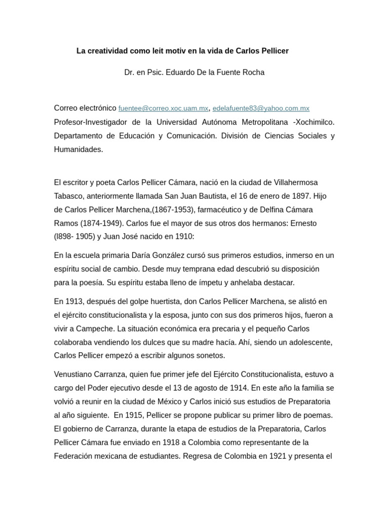 La Creatividad Como Leit Motiv en La Vida de Carlos Pellicer | PDF