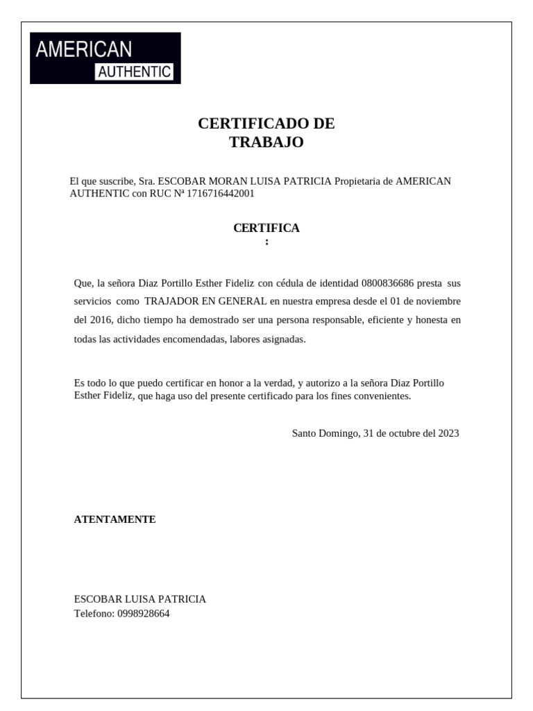 Certificado de Trabajo Sra Esther | PDF