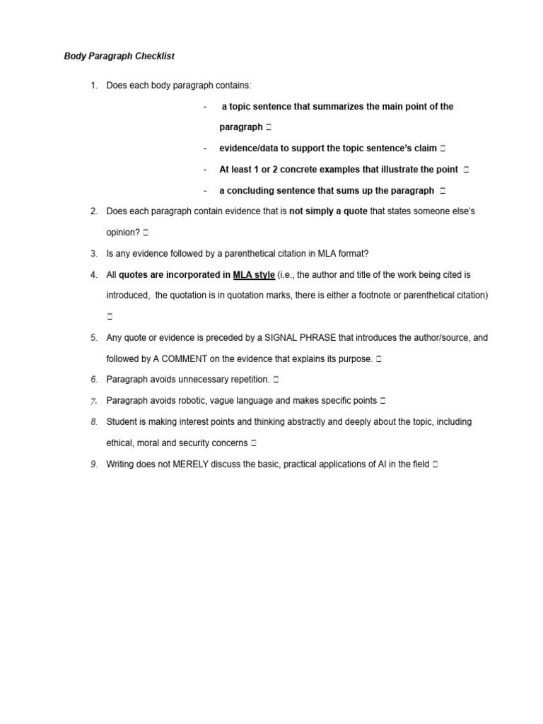 Body Paragraphs Checklist | PDF