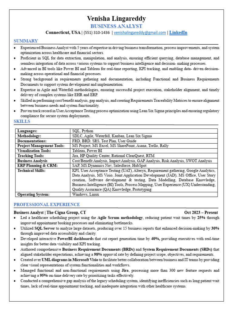 Business Analyst Profile: Venisha Lingareddy | PDF | Data Analysis ...